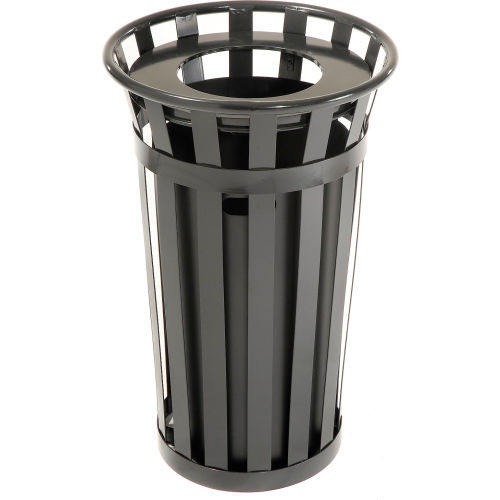Outdoor Slatted Steel Trash Can With Flat Lid & Liner, 24 Gallon, Black
