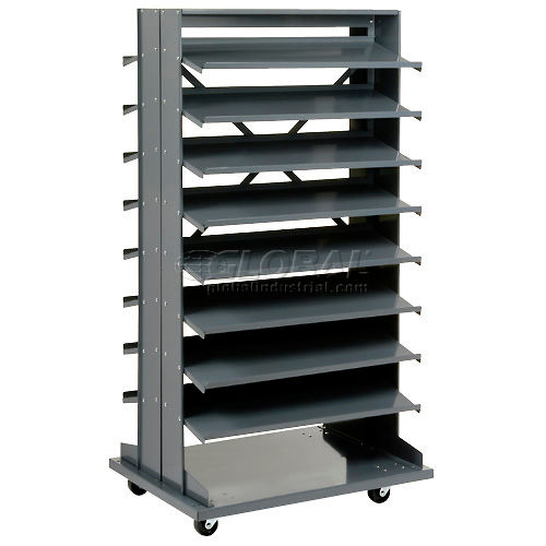 16 Shelf Double-Sided Mobile Pick Rack - 64 Yellow Plastic Shelf Bins 8"W