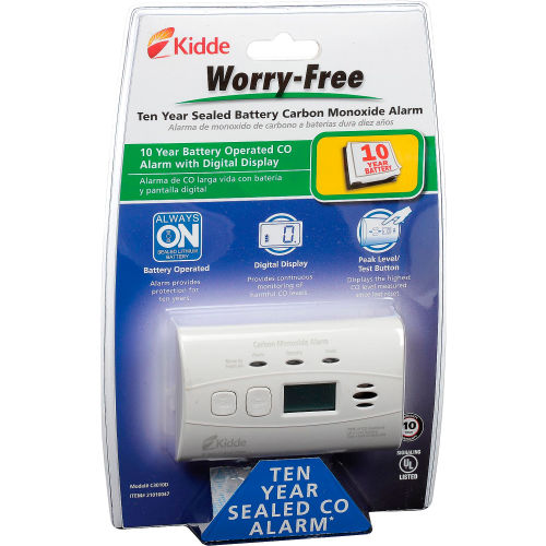 Kidde C3010D Worry-Free CO Alarm with Digital Display, 10-Year Sealed Lithium Battery Operated ...