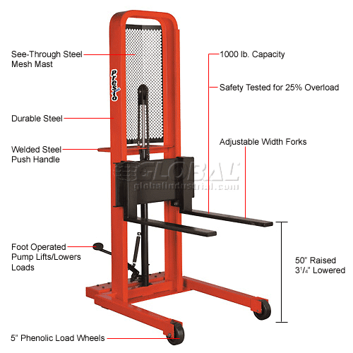 PrestoLifts™ Hydraulic Stacker Lift Truck M452 1000 Lb. with Adj. Forks