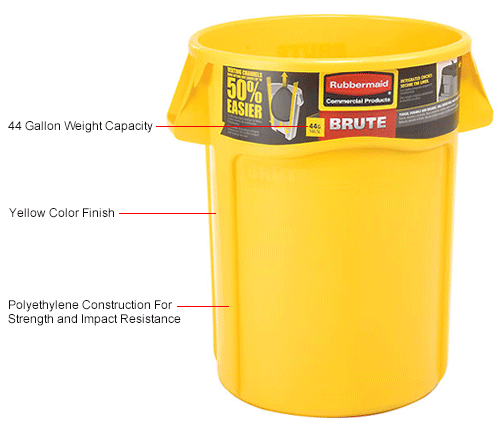 Rubbermaid Brute® FG264360YEL Trash Container w/Venting Channels, 44 ...