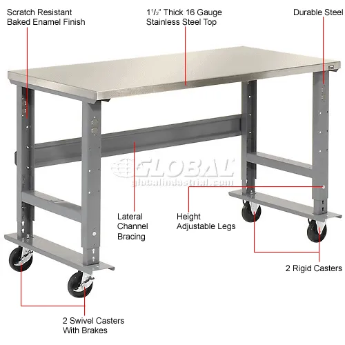Global Industrial 48x30 Mobile Adjustable Height C Channel Leg Workbench Stainless Steel