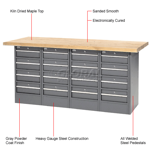 Global Industrial™ Workbench w/ Maple Square Edge Top & 16 Drawers, 72 ...
