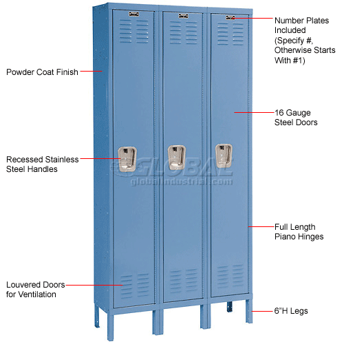 Hallowell® 1-Tier 3 Door Premium Locker, 12"W x 15"D x 72"H, Blue ...