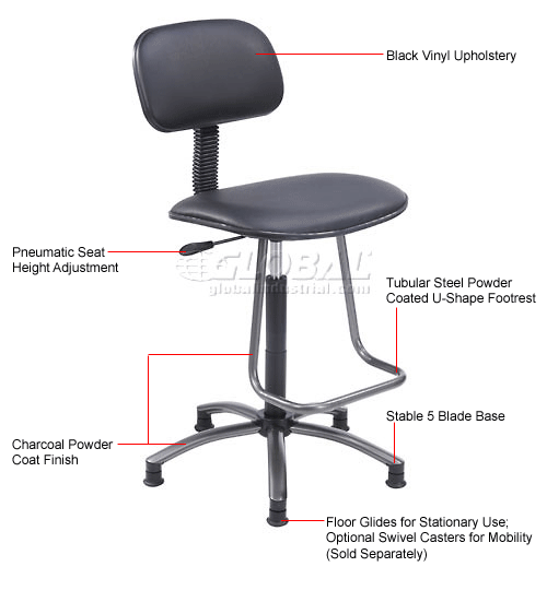 Interion® Office Stool with Teardrop Footrest - Vinyl - Black