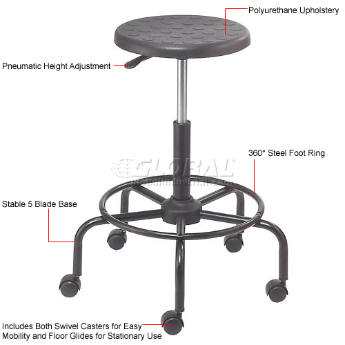 Interion® Shop Stool with Footrest - Polyurethane - Black