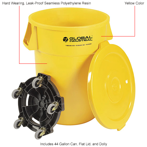Global Industrial™ Plastic Trash Can with Lid & Dolly - 44 Gallon Yellow
