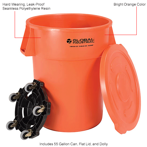Global Industrial™ Plastic Trash Can with Lid & Dolly - 55 Gallon ...
