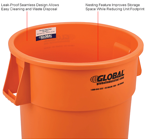 Global Industrial™ Plastic Trash Can - 55 Gallon Bright Orange
