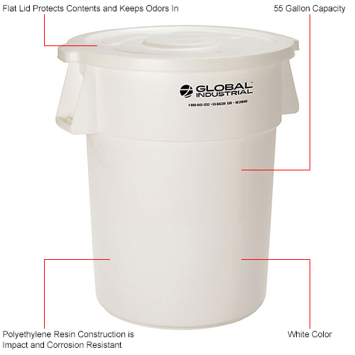 Global Industrial™ Plastic Trash Can with Lid - 55 Gallon White