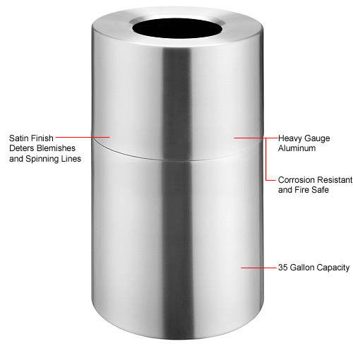 Global Industrial™ Aluminum Round Open Top Trash Can, 35 Gallon, Satin ...