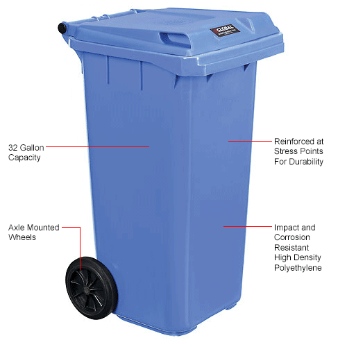 Global Industrial™ Mobile Trash Container with Lid, 32 Gallon Blue