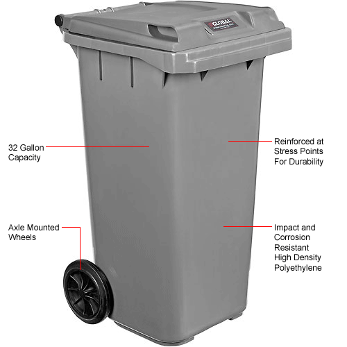 Global Industrial™ Mobile Trash Container with Lid, 32 Gallon Gray