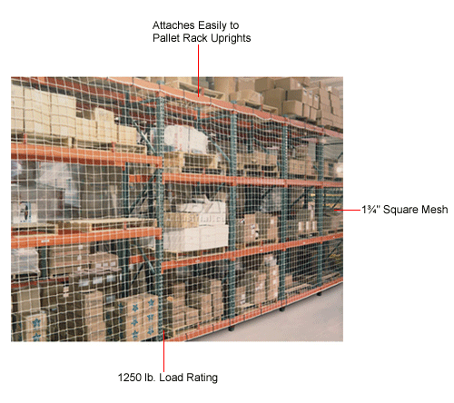 Pallet Rack Netting One Bay, 99"W x 48"H, 1-3/4" Sq. Mesh, 1250 lb Rating
