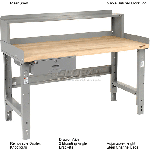 Global Industrial™ Workbench w/ Maple Square Edge Top & Riser, 60"W x ...