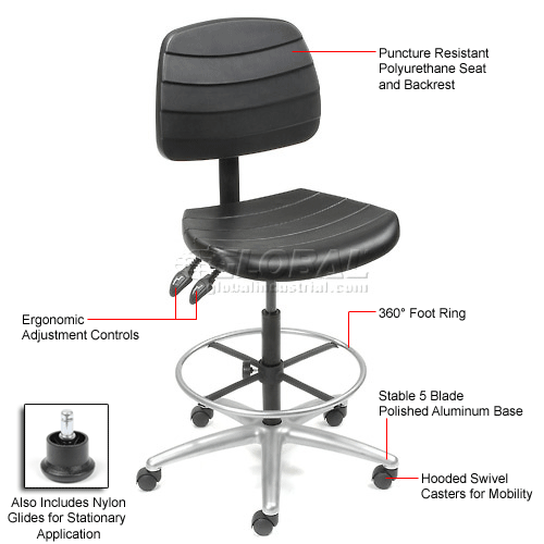 Interion® Shop Stool - Polyurethane - 5 Way Adjustable - Black