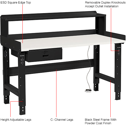 Global Industrial™ 60 x 30 Adj Height Workbench w/Drawer&Riser, Black ...
