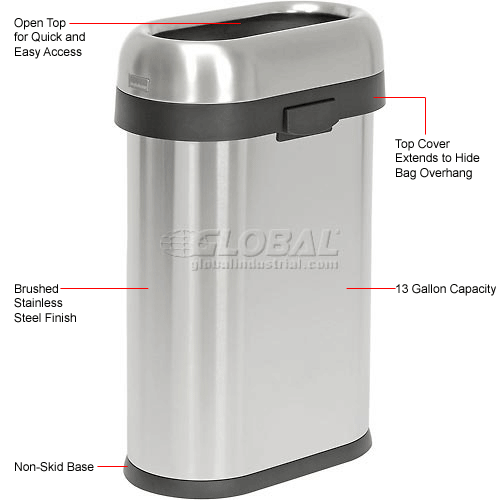 Simplehuman® Stainless Steel Slim Oval Open Top Trash Can, 13 Gallon