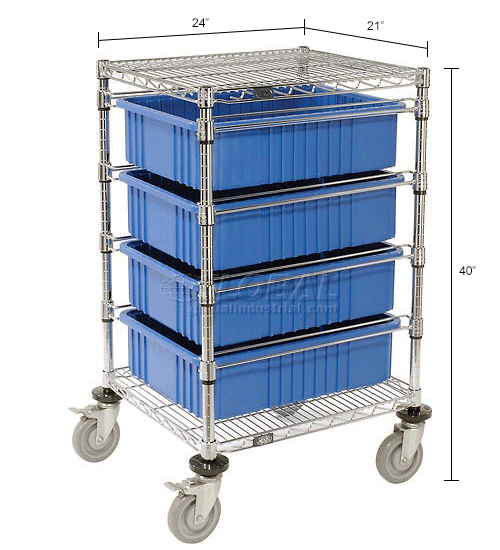 Global Industrial™ Chrome Wire Cart With (4) 6"H Blue Grid Containers ...