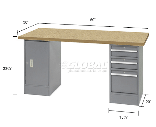 Global Industrial™ 60x30 Pedestal Workbench - 3 Drawers & 1 Cabinet ...