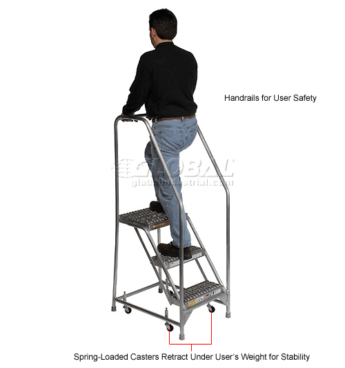 3 Step Aluminum Rolling Ladder, 16"W Grip Step, 30" Handrails ...