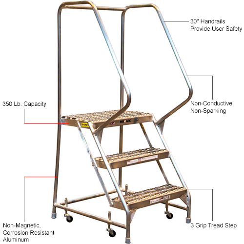 3 Step Aluminum Rolling Ladder, 24"W Grip Step, 30" Handrails - WLAR103245