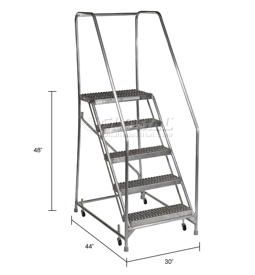 5 Step Aluminum Rolling Ladder, 24"W Grip Step, 30" Handrails ...