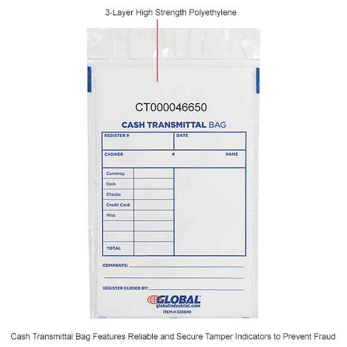 Global Industrial™ Cash Transmittal Bag, 6"W x 9"H, Clear, 100/Pack