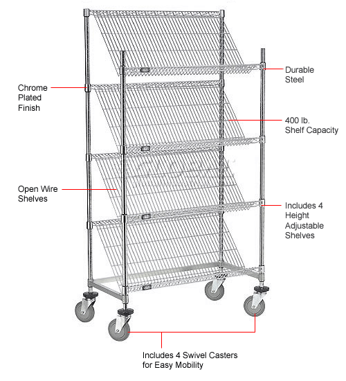 Nexel® Slant Wire Shelving Truck w/4 Shelves, 48"L x 24"W x 69"H