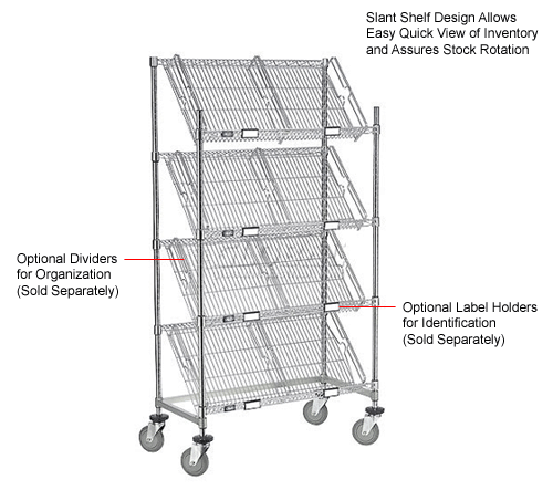 Nexel® Slant Wire Shelving Truck w/4 Shelves, 36"L x 18"W x 69"H