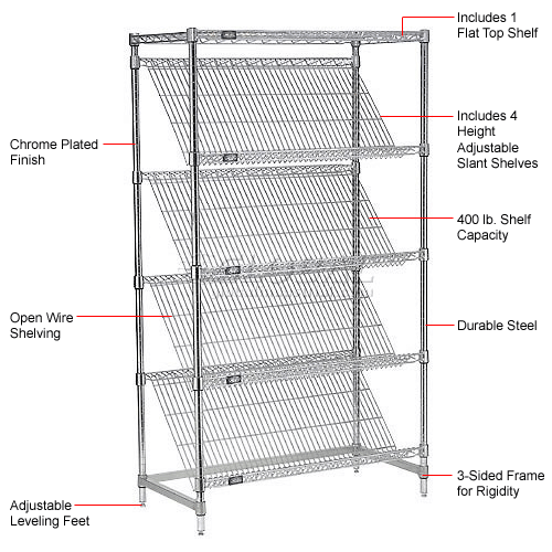 Nexel® Chrome, 5 Tier, Slant Wire Shelving, Starter Unit, 48"W x 18"D x ...