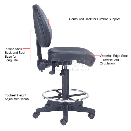 Interion® Leather Task Stool - 360° Footrest - Black