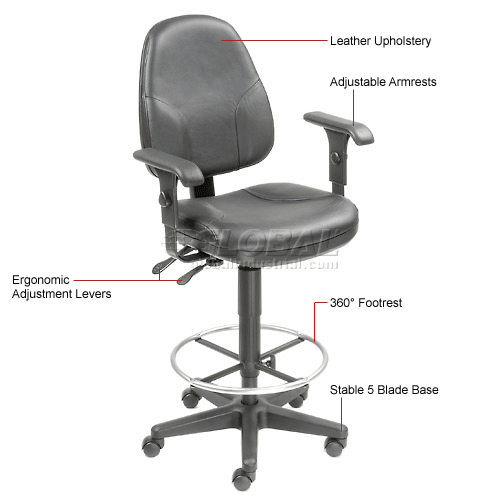 Interion® Leather Operator Stool with Arms - 360° Footrest - Black