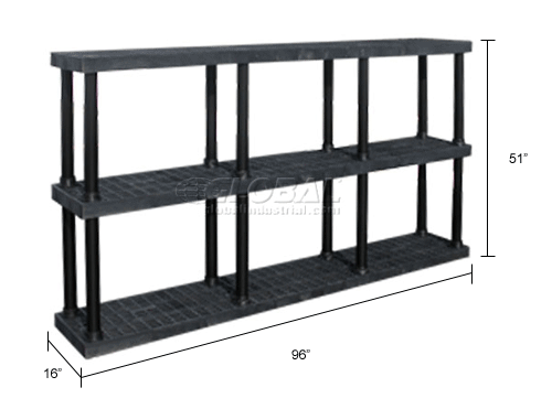 Structural Plastic Vented Shelving, 96"W x 16"D x 51"H, Black