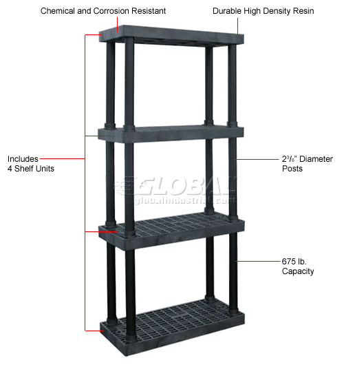 Structural Plastic Vented Shelving, 36"W x 16"D x 75"H, Black