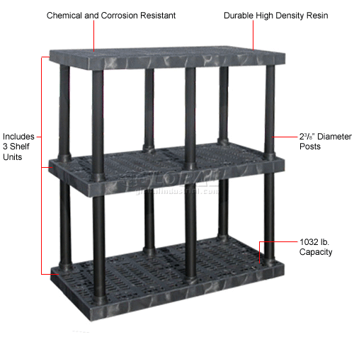 Structural Plastic Vented Shelving, 48"W x 24"D x 51"H, Black