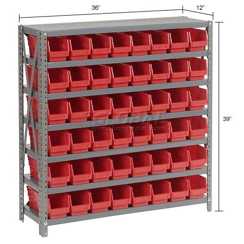 Global Industrial™ Steel Shelving with 48 4"H Plastic Shelf Bins Red ...