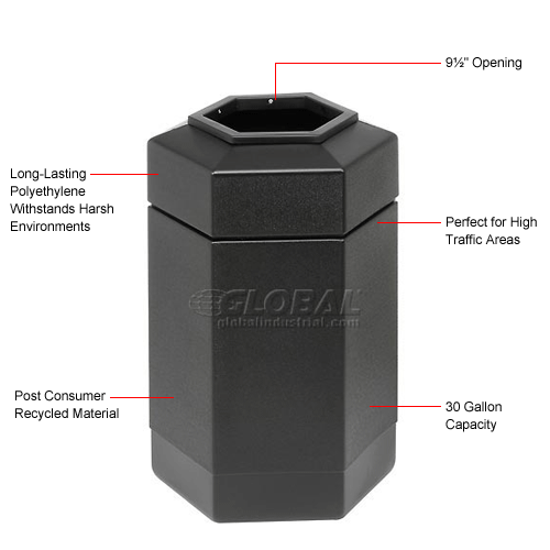PolyTec™ Open Top Hex Waste Container, Black, 30-Gallon