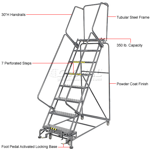 Perforated 24"W 8 Step Steel Rolling Ladder 21"D Top Step - FS083221P
