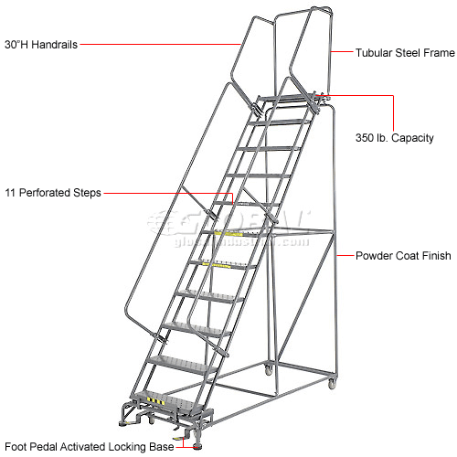 Perforated 24"W 11 Step Steel Rolling Ladder 14"D Top Step - FS113214P