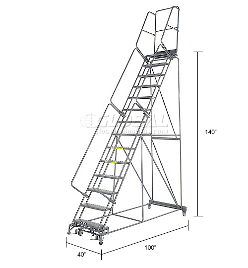 Perforated 24"W 14 Step Steel Rolling Ladder 14"D Top Step - FS144014P