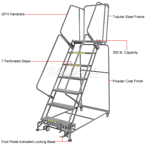 Perforated 24"W 7 Step Steel Rolling Ladder 21"D Top Step- Lock Type B ...