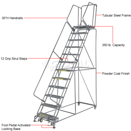 Grip 24"W 12 Step Steel Rolling Ladder 21"D Top Step - FS123221G