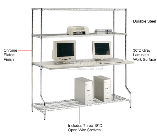 Nexel™ 4-Shelf Wire Computer LAN Workstation, 60"W x 30"D x 74"H, Chrome