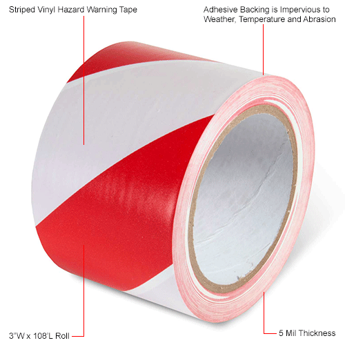 Global Industrial™ Striped Hazard Warning Tape, 3"W x 108'L, 5 Mil, Red ...