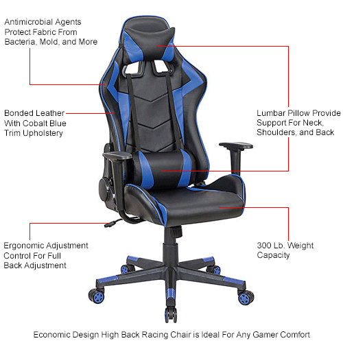 Interion® Gaming Chair, Antimicrobial, High Back, Black/Cobalt Blue