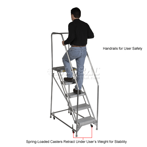 5 Step Aluminum Rolling Ladder, 16" Ribbed Step, 30" Handrails - WLAR105164