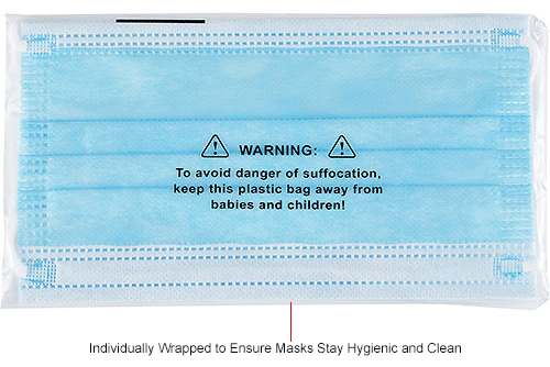 Disposable 3-Ply Face Mask, Adult Size, Individually Packed, 50/Box