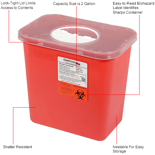 Oakridge Products 2 Gallon Sharps Container w/ Rotor Lid, Red