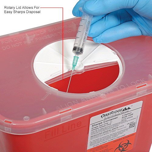 Oakridge Products 2 Gallon Sharps Container w/ Rotor Lid, Red